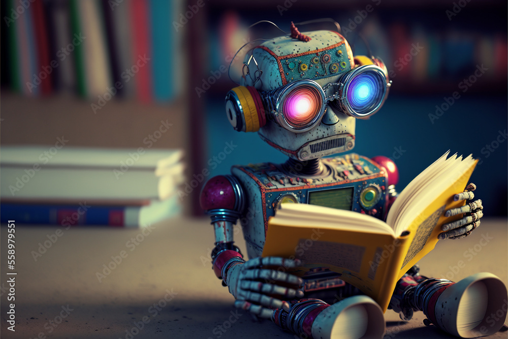 cute robot reading a book, technological progress, cartoon style ...