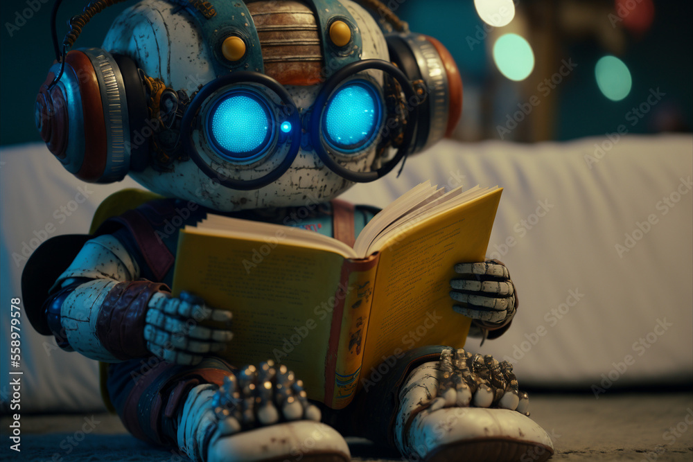 Cute robot with beautiful eyes reading a book, cartoon style, android ...