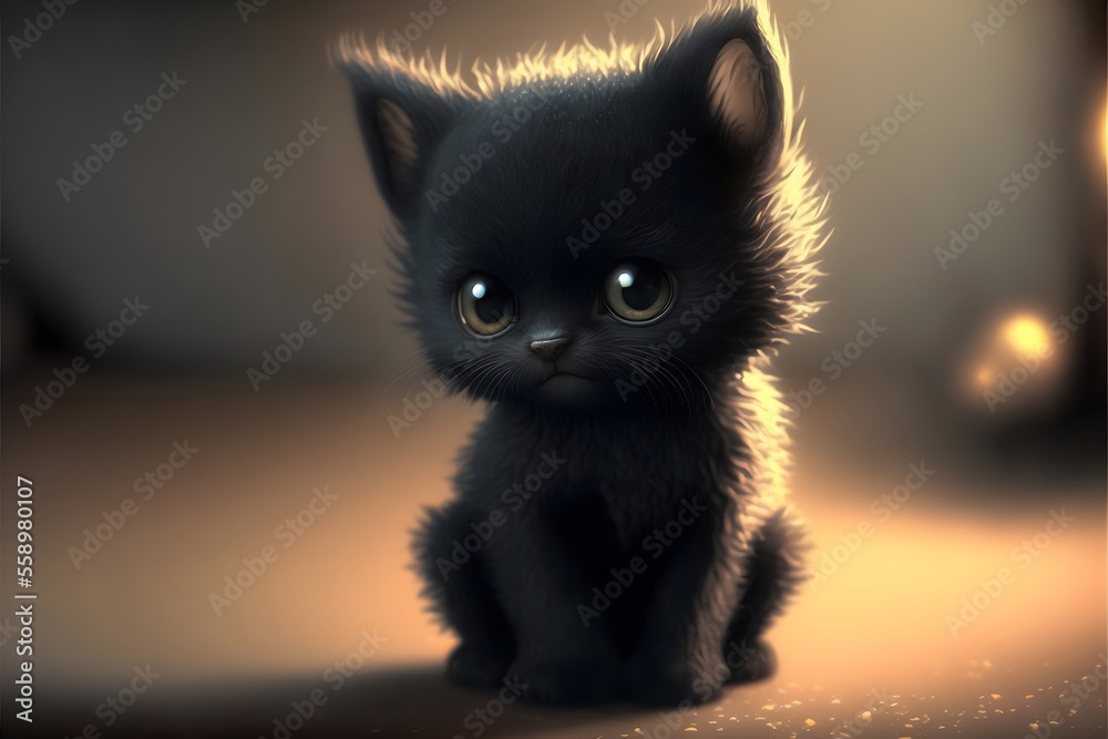 This cute little black kitten is looking directly into the camera with ...