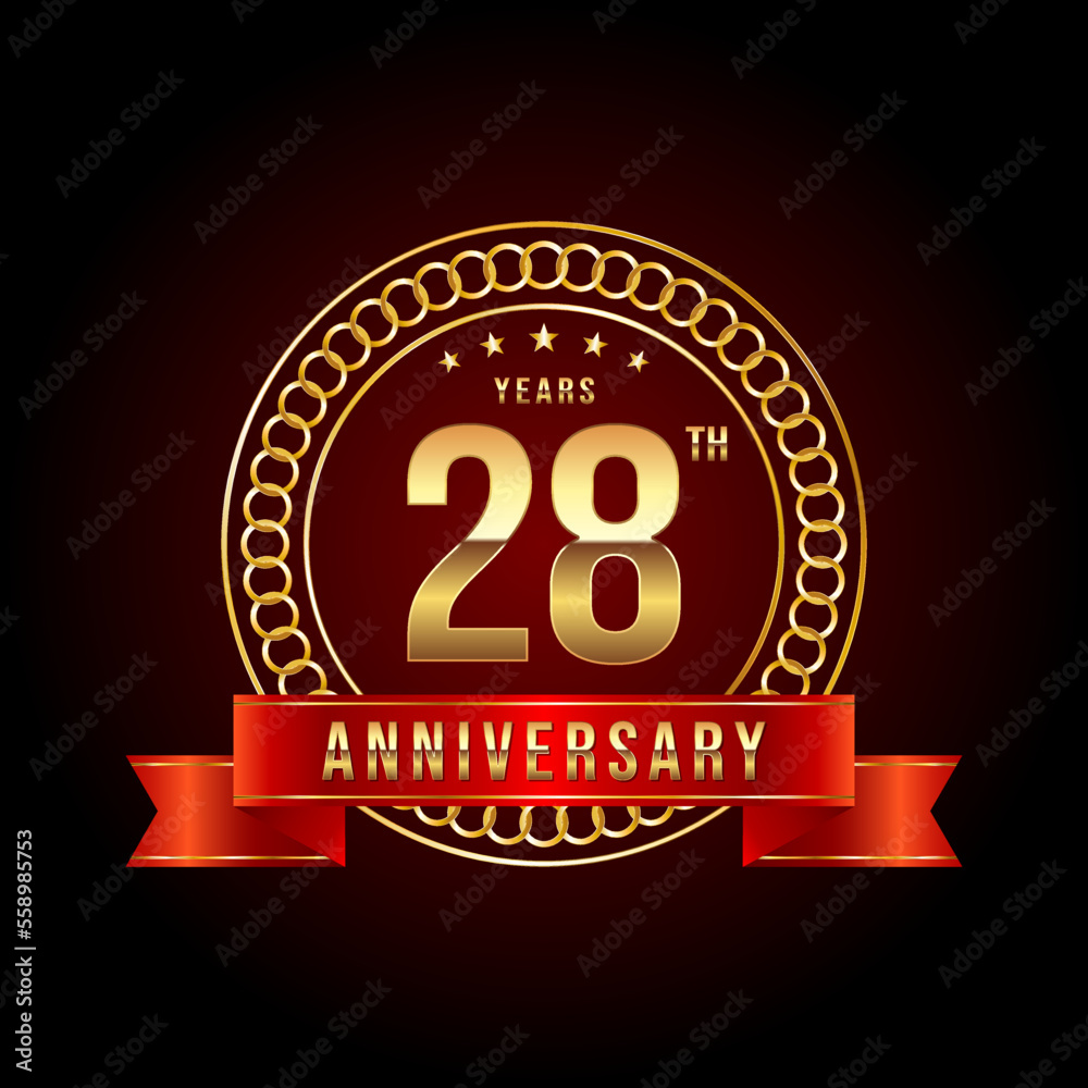 28th Anniversary. Anniversary logo design with gold color text and red ...