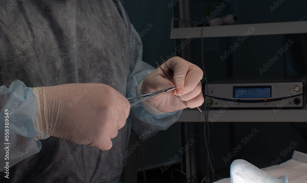The surgeon's hand in a glove in the operating room takes a needle with ...