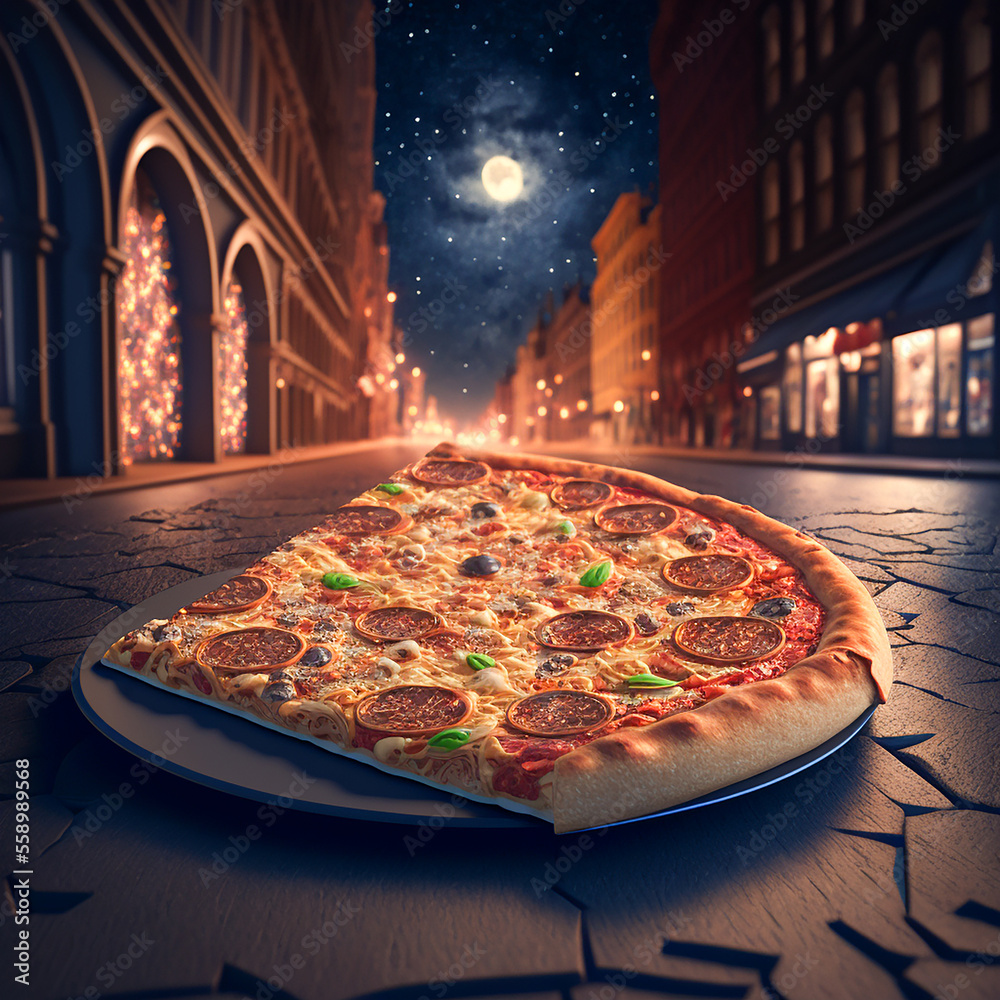 pizza on the plate with night street background, AI Generated artwork ...