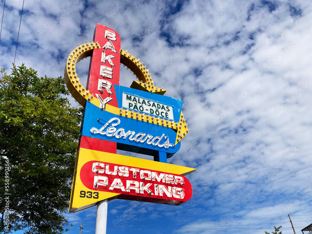 Leonard's Bakery sign logo advertises famous malasadas doughnut ...