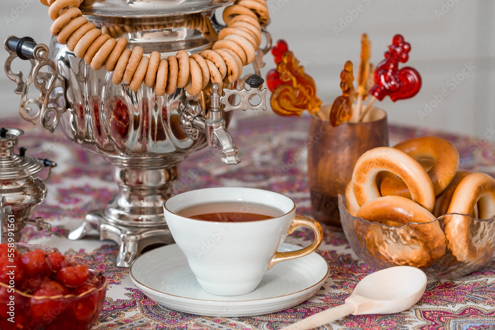 Russian Traditions Tea Drinking With A Samovar Still Life With A Cup