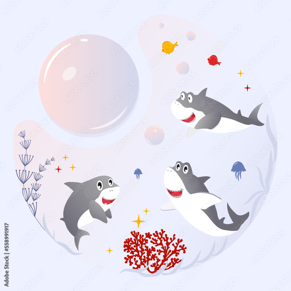 Cartoon vector sharks set. Cute shark characters with colorful seaweed ...