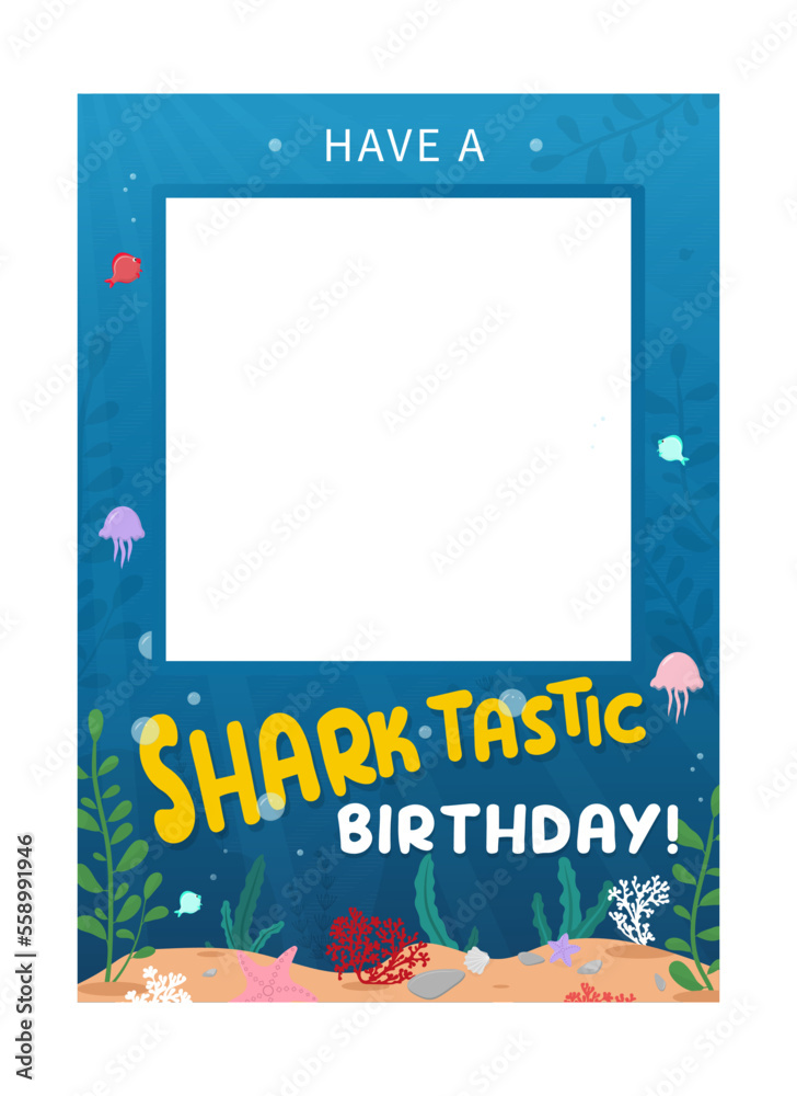 Kids shark party photo booth design concept. Cartoon photo frame for ...