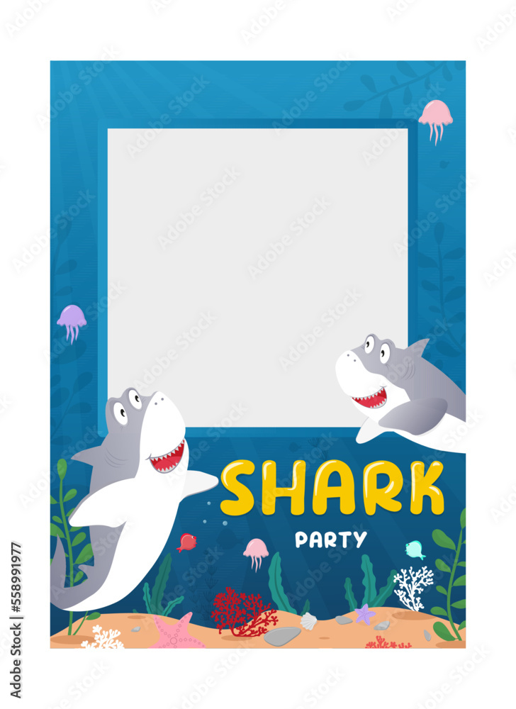 Baby shark party photo frame background. Undersea Birthday party poster ...