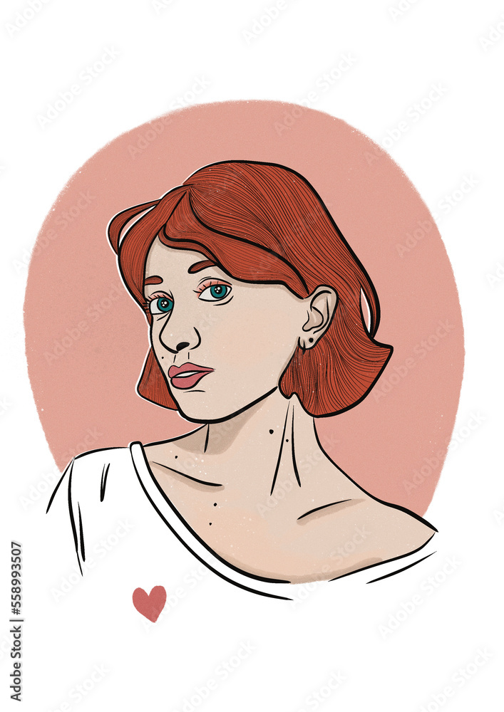 Illustration d’un visage de femme rousse aux yeux bleus, tee-shirt ...