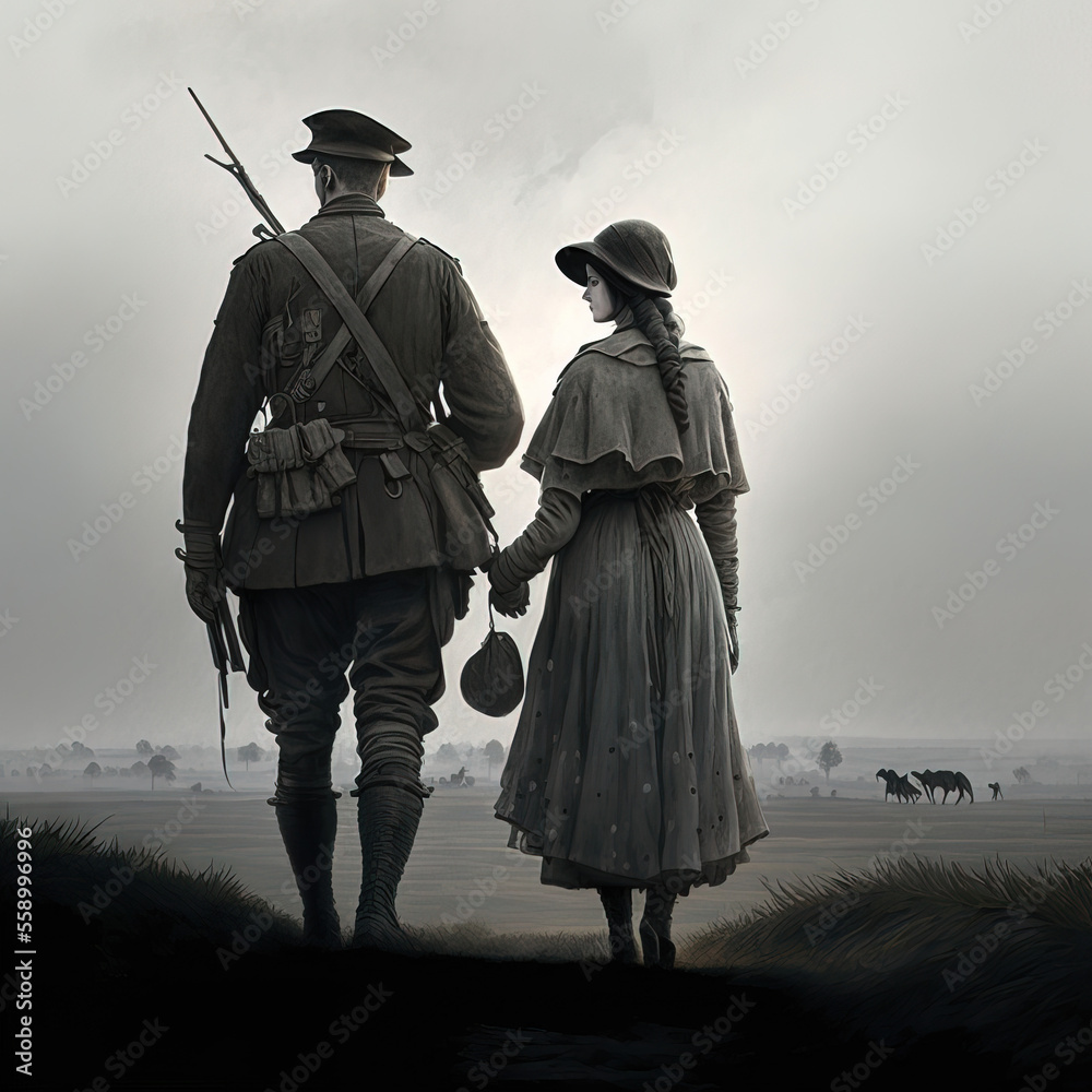 Soldier and his wife walk across a square., ww2 walking, world war ...