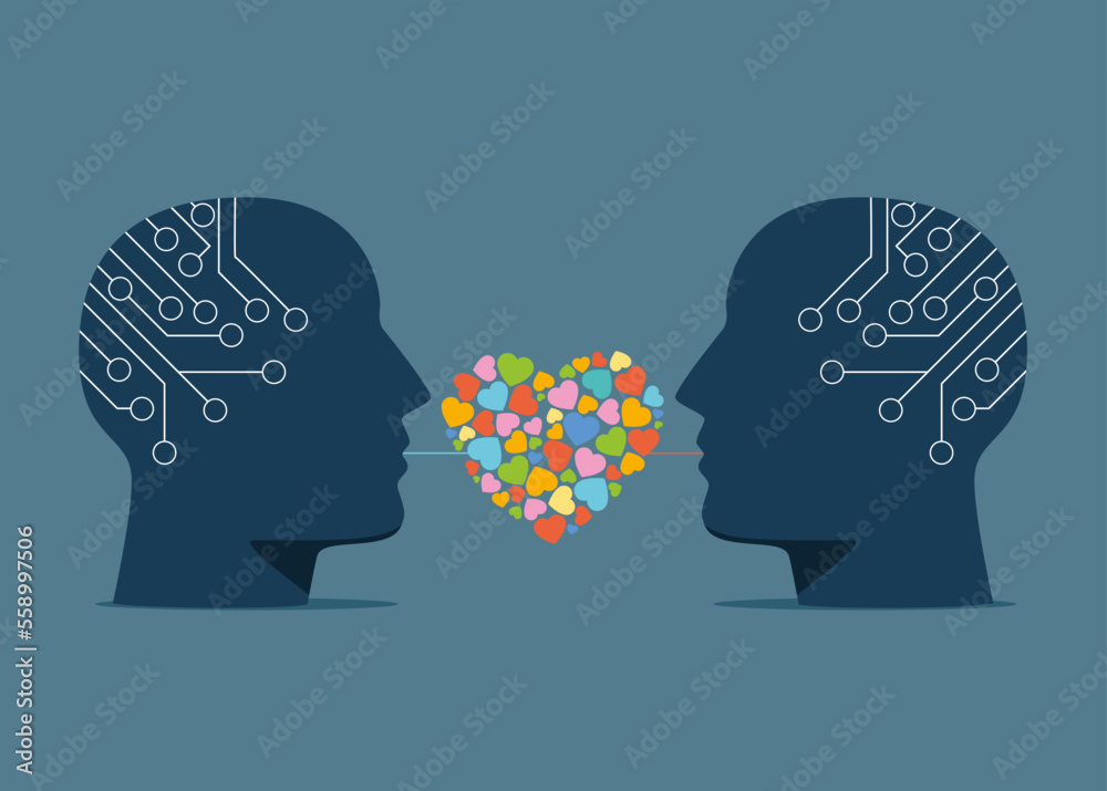 Vetor de Faces of man and woman, girl and guy. Two profiles together ...