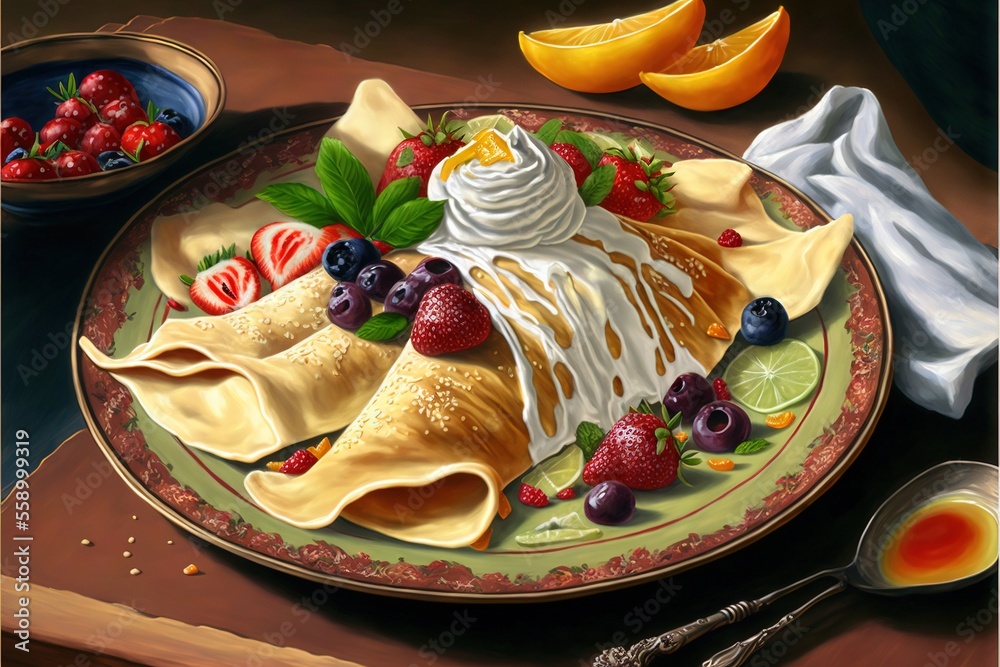 a painting of a plate of food with fruit and a pastry on it with a fork ...