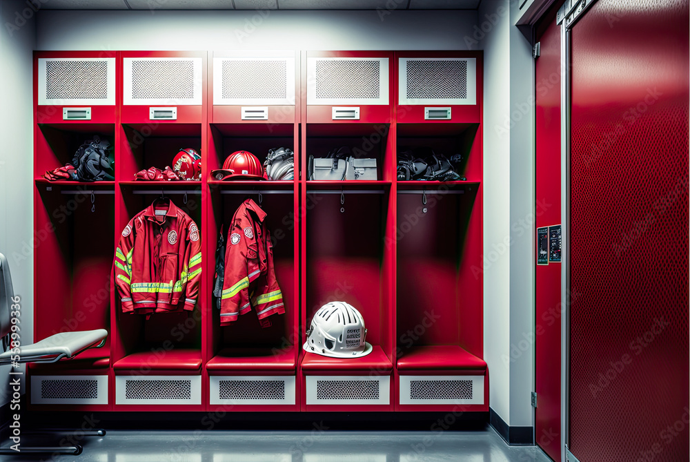 Fire department locker room. Generative AI Stock Illustration | Adobe Stock