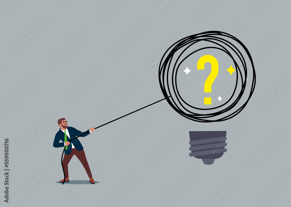 Businessman pulling the rope trying to untie the tangled ropes tied ...