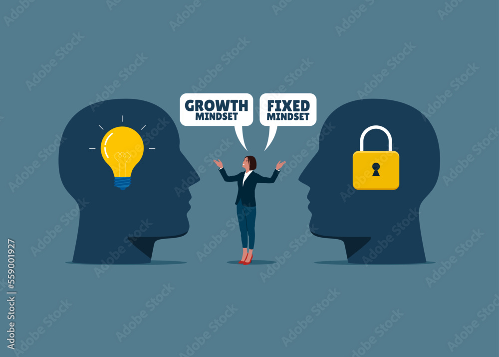 Businesswoman stood in the middle of two thoughts. Comparison between ...