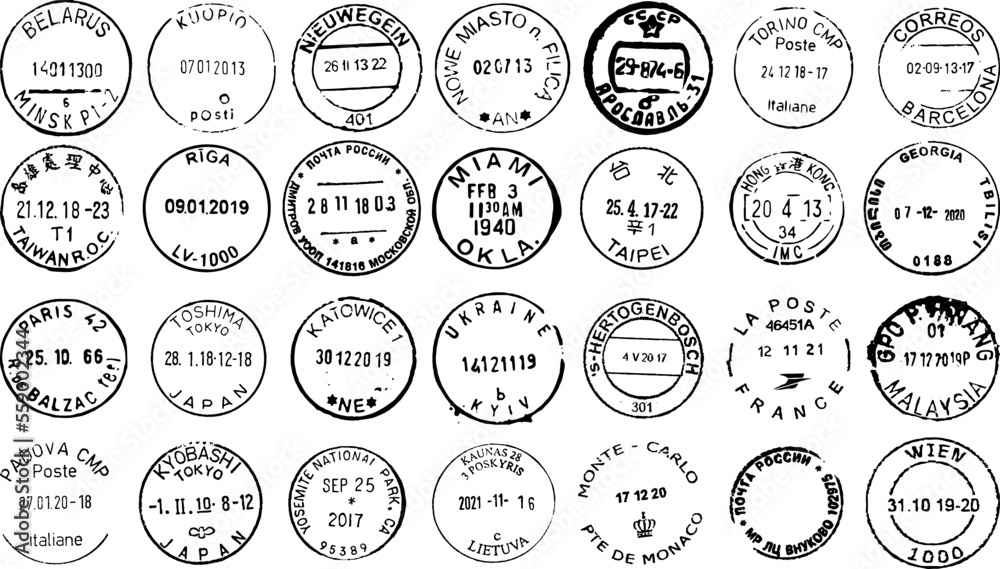 Vector image big set cancellation round postal stamps from different ...