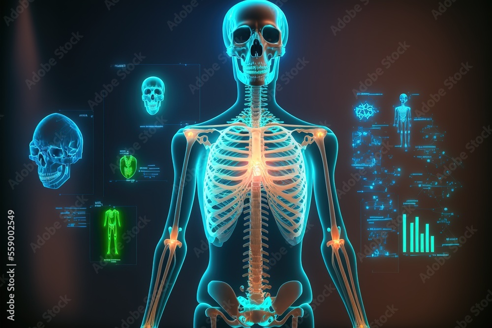 Human body, organs and brain scan with pictures. Hi-tech elements. AI ...