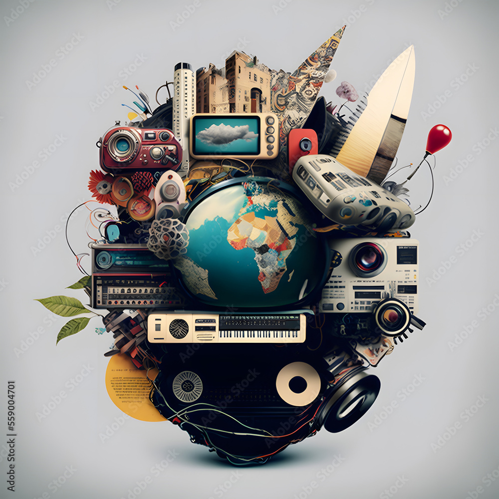 3D collage of the world with architecture, art, technology, nature ...