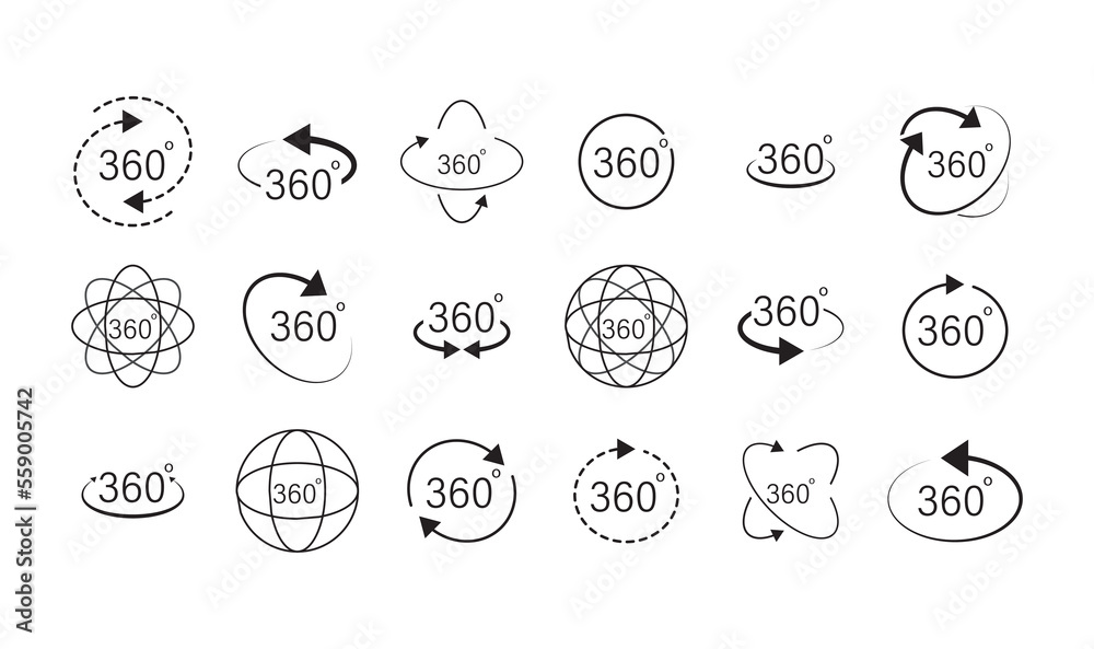 360 degrees view vector icons set. Signs with arrows to indicate the ...