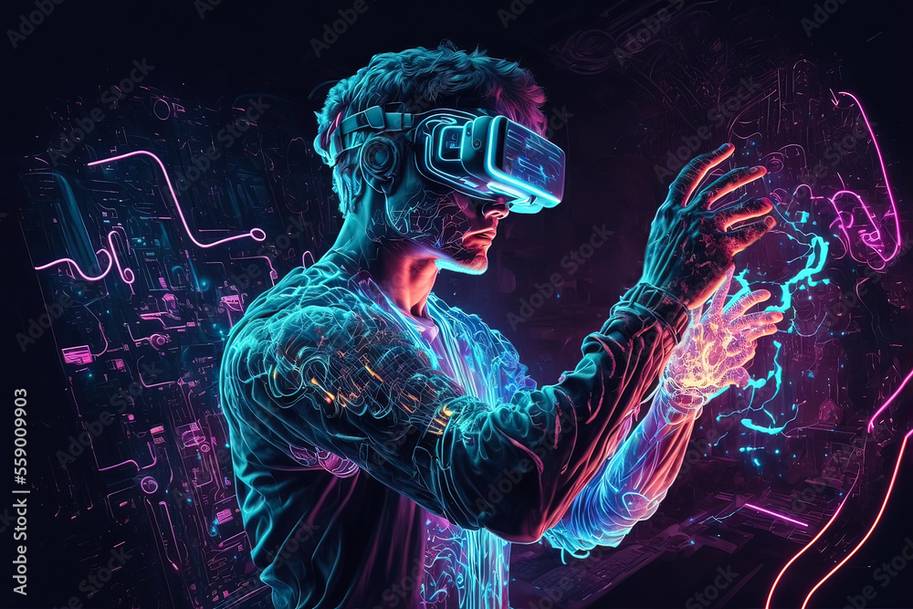 Futuristic portrait of the gamer in a VR headset on an abstract neon ...