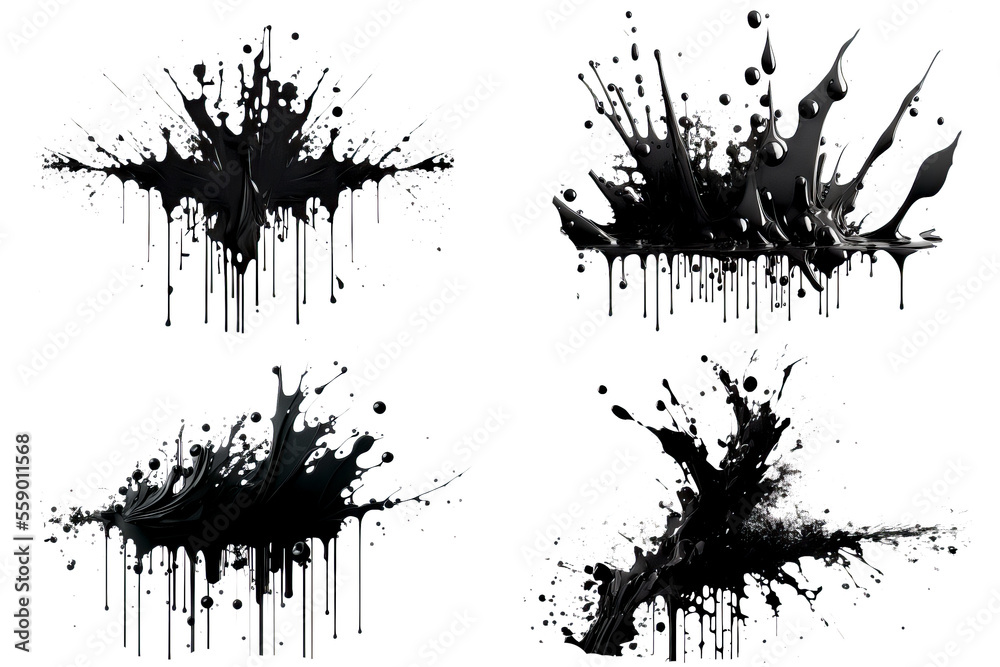 4 Ink paint splash brushes. Black inked splatter paint splattered spray ...
