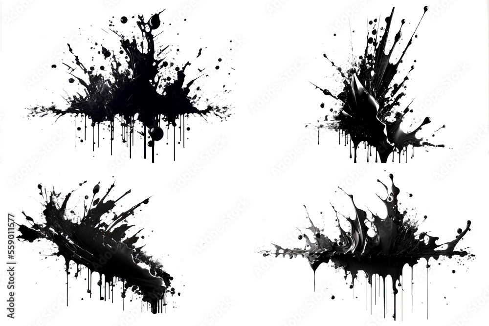 4 Ink paint splash brushes. Black inked splatter paint splattered spray ...