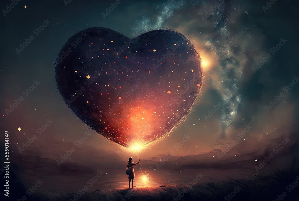 illustration of a child light glow on hand, the heart dimension with ...