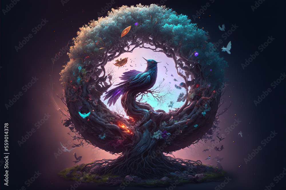 Tree of life Yggdrasil norse mythology, in center a mystical bird ...