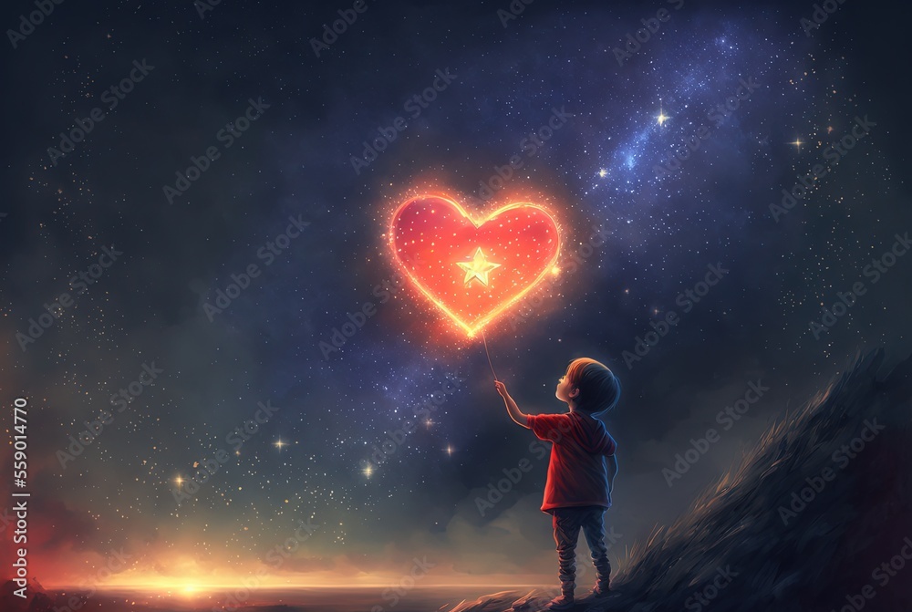 illustration of a child light glow on hand, the heart dimension with ...