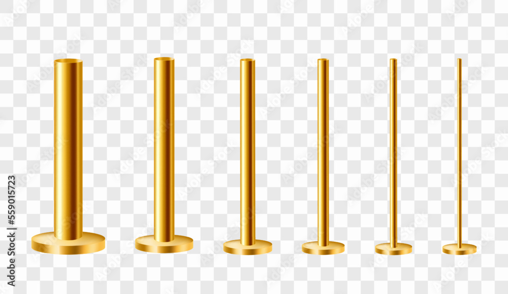 Brass or gold poles on a round base. Set of metal columns. Realistic ...