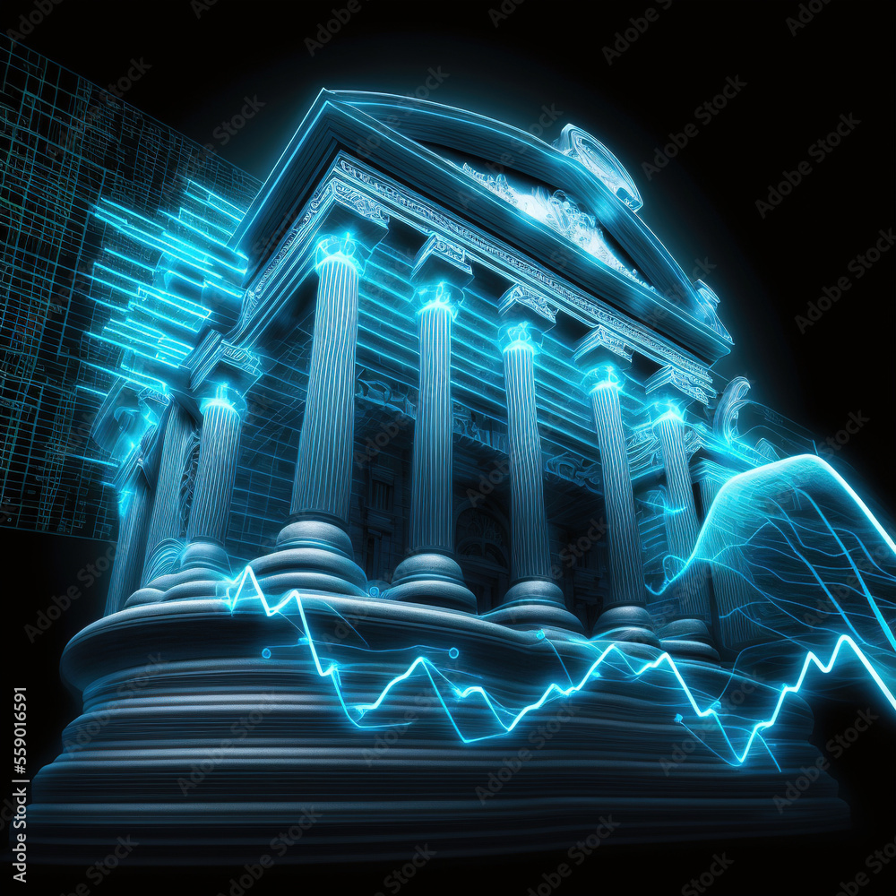 Bank building with stock market graph in neon blue colors Stock ...