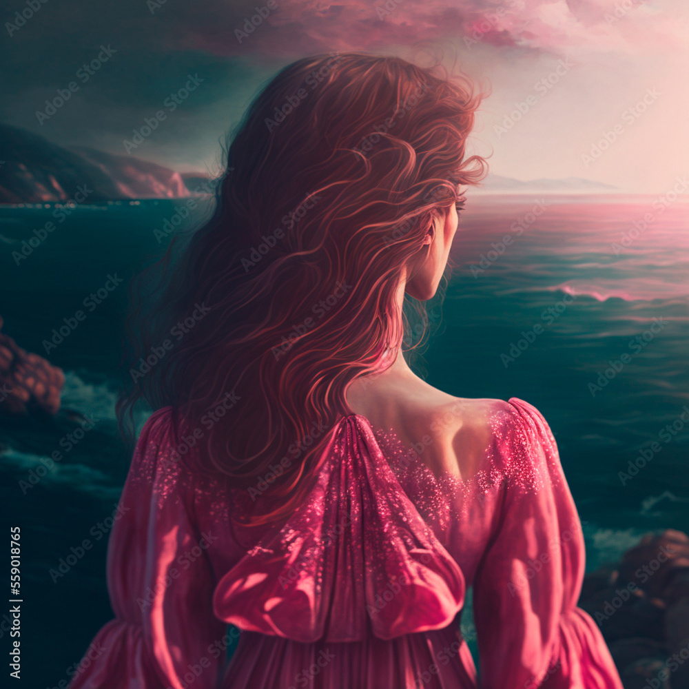 GENERATIVE AI, GENERATIVE, AI, melancholy woman looking out to sea on a ...