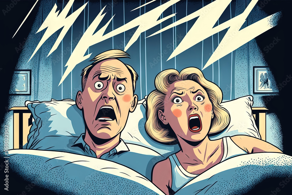 Loud noisy neighbours disturbing unhappy couple in bed. Problems in ...