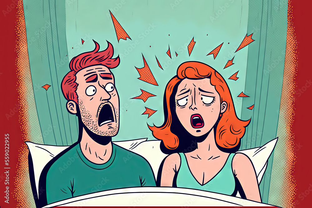 Loud noisy neighbours disturbing unhappy couple in bed. Problems in ...