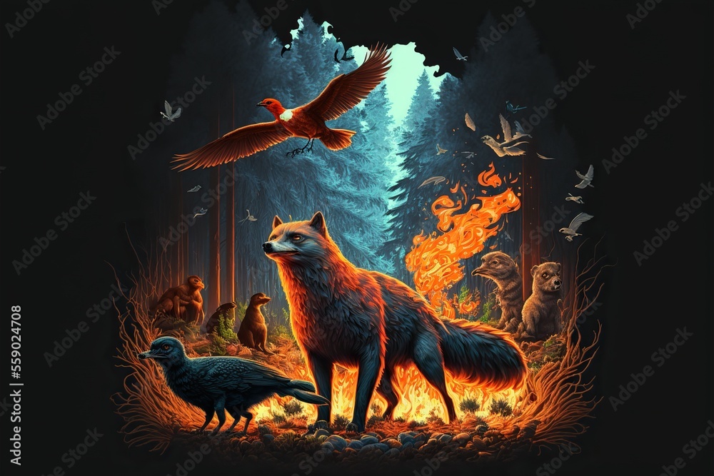 Fire in the forest running animals an scared birds, created with ...