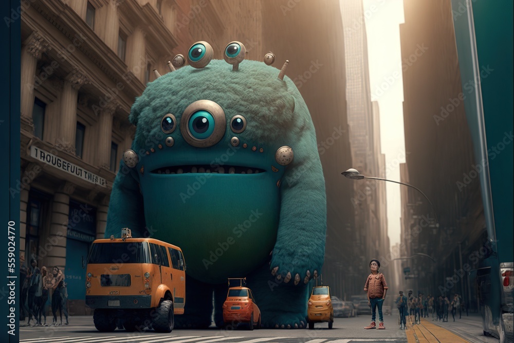 Huge cute monster has cars and walks between skyscrapers, created with ...