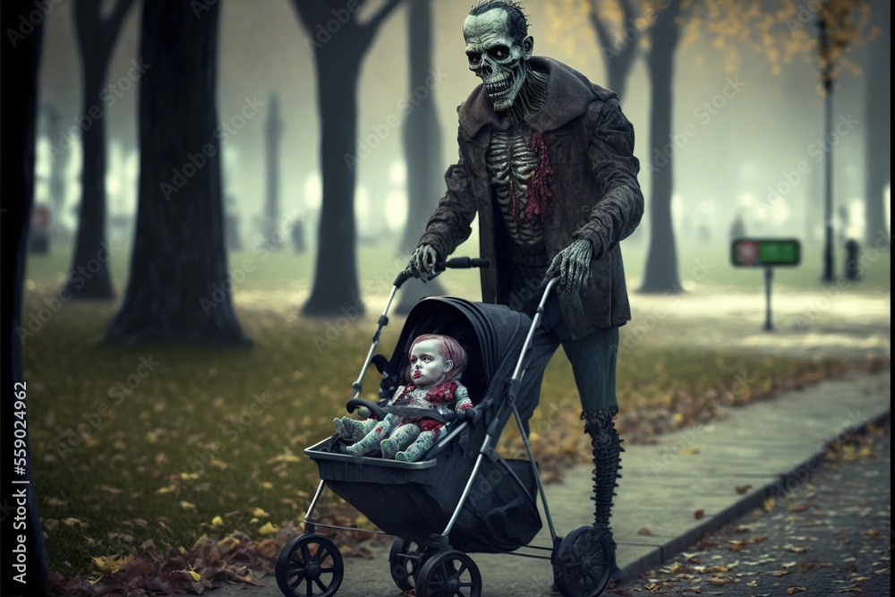 Zombie walks with a baby stroller in the park, concept of even zombies ...