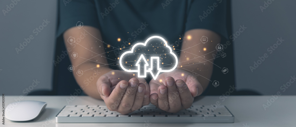 Foto de Digital transformation with infographic cloud computing on hand ...