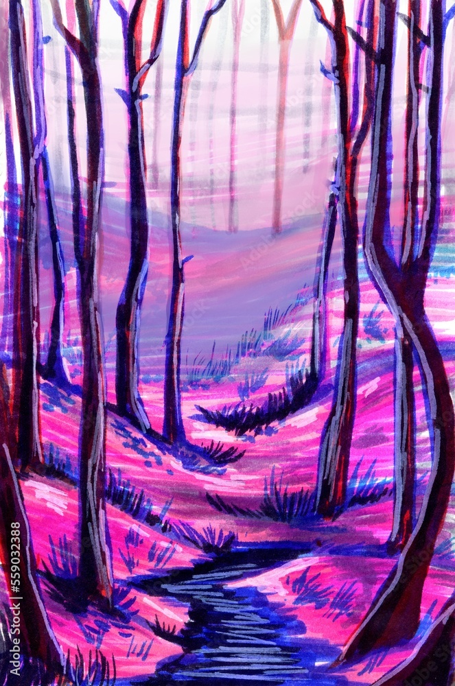 Purple forest with stream. Drawing with watercolor markers. Stock ...