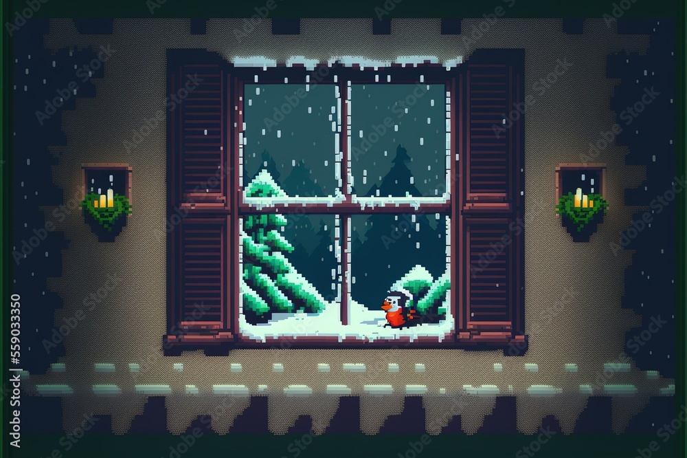 pixel art nostalgia from window view to nature snow and rain interior ...