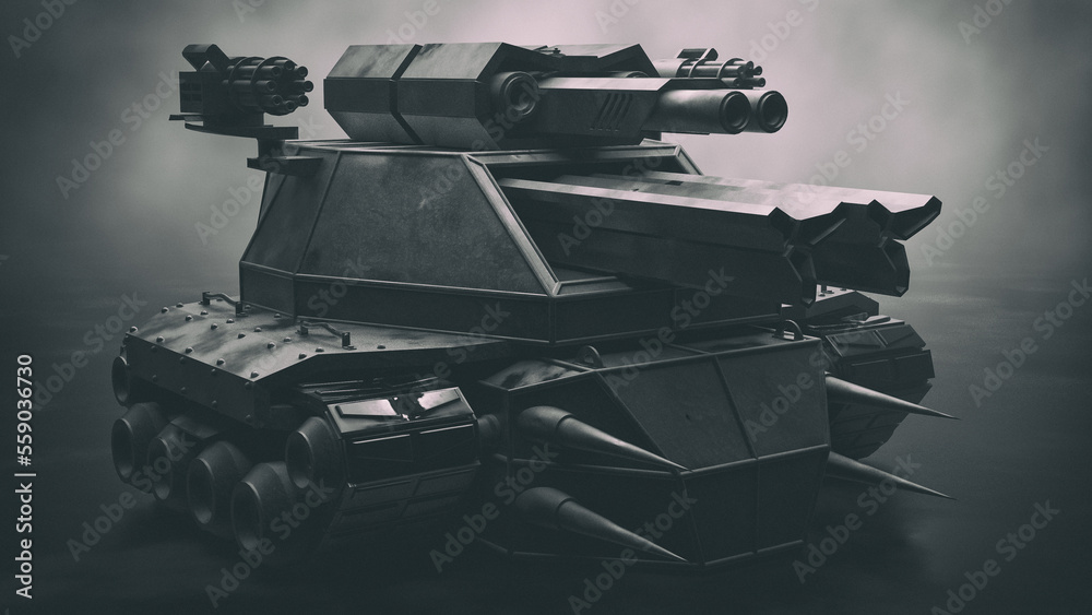stylized combat drone tank with heavy armor and weapons with soft focus ...