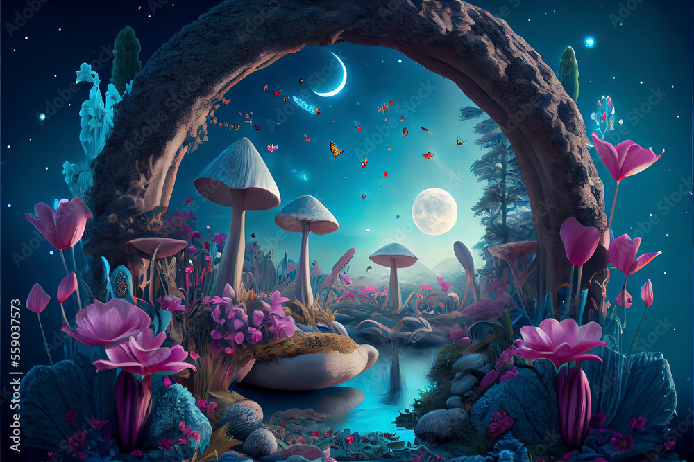 fantastic wonderland landscape with mushrooms, lilies flowers Stock ...