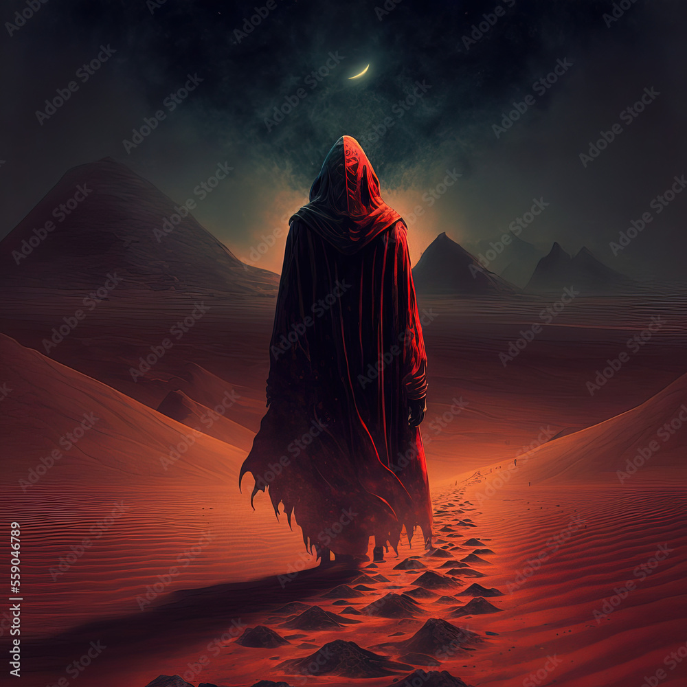 Epic Ancient man walking in the dark desert, sand person. Generative AI ...