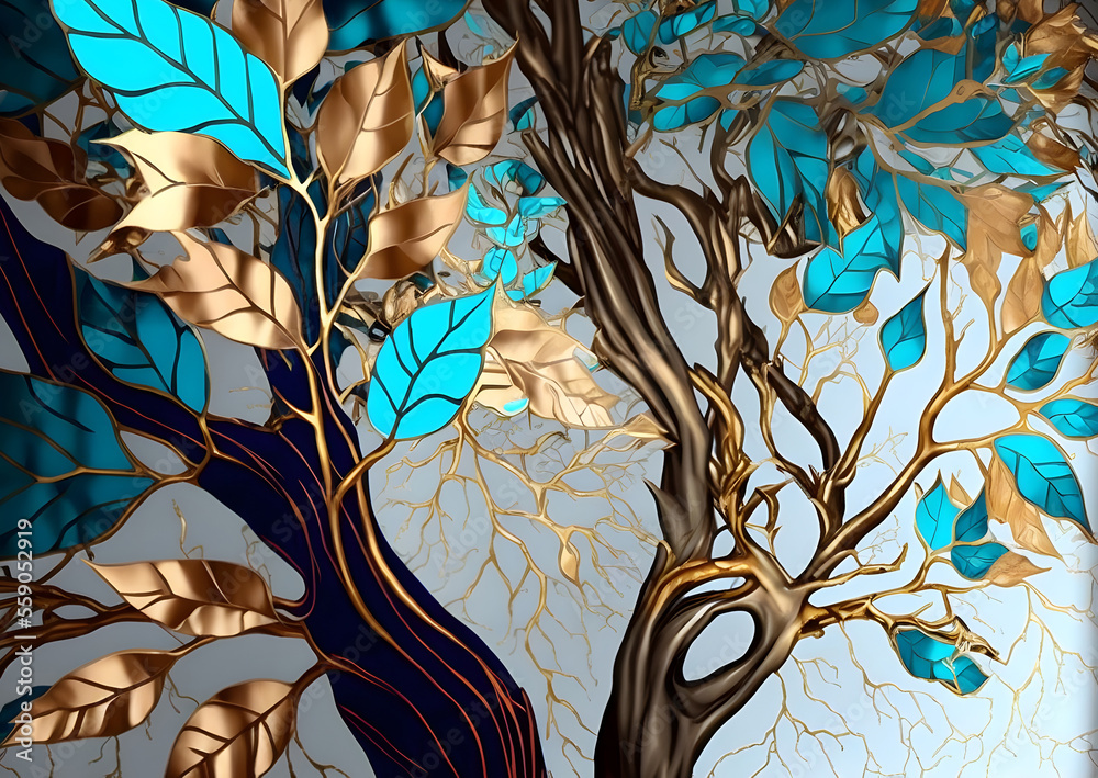 3d mural canvas wall art . Colorful turquoise tree background of blue ...