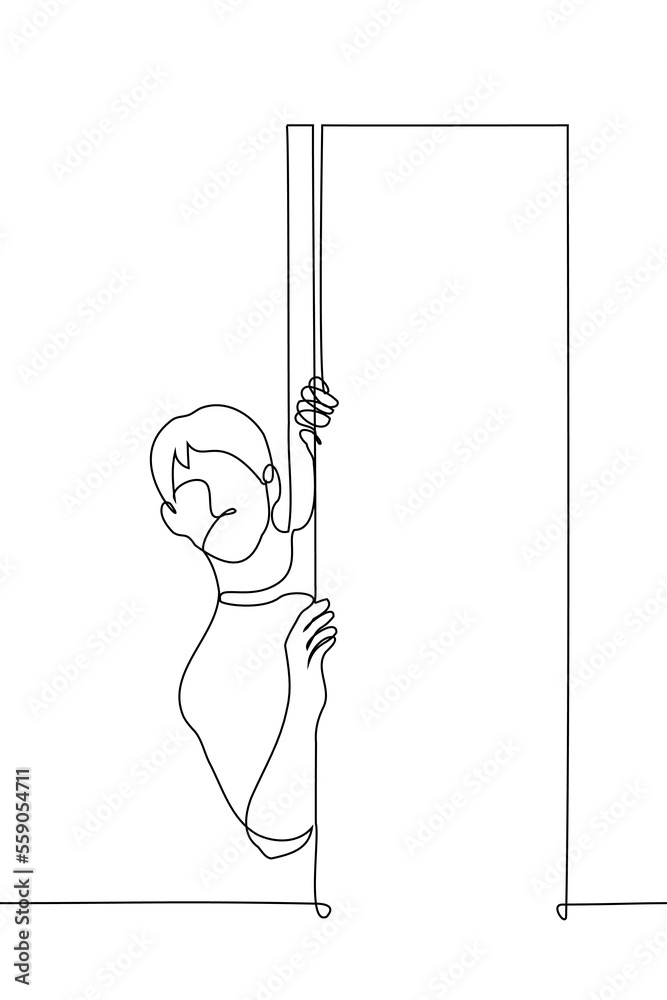 man leaned out from behind the door - one line drawing vector. concept ...