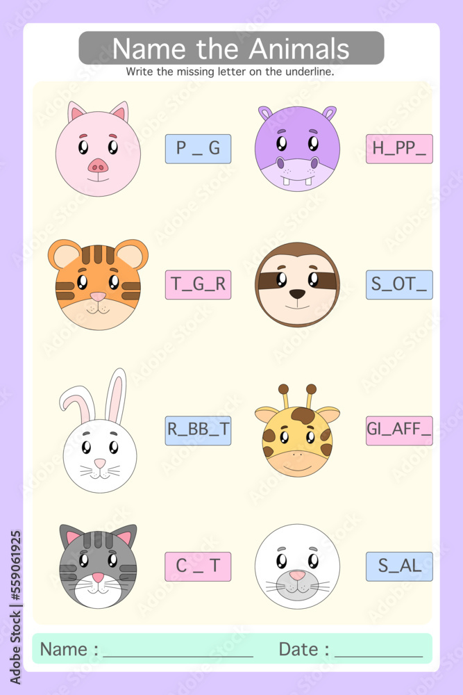 Worksheet Name the Animals. write the missing letter on the underline ...