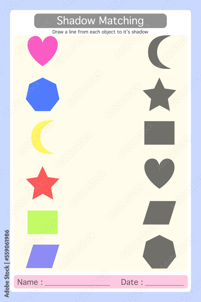 Worksheet 2D Colorful Geometric shapes. draw lines to match the shadows ...