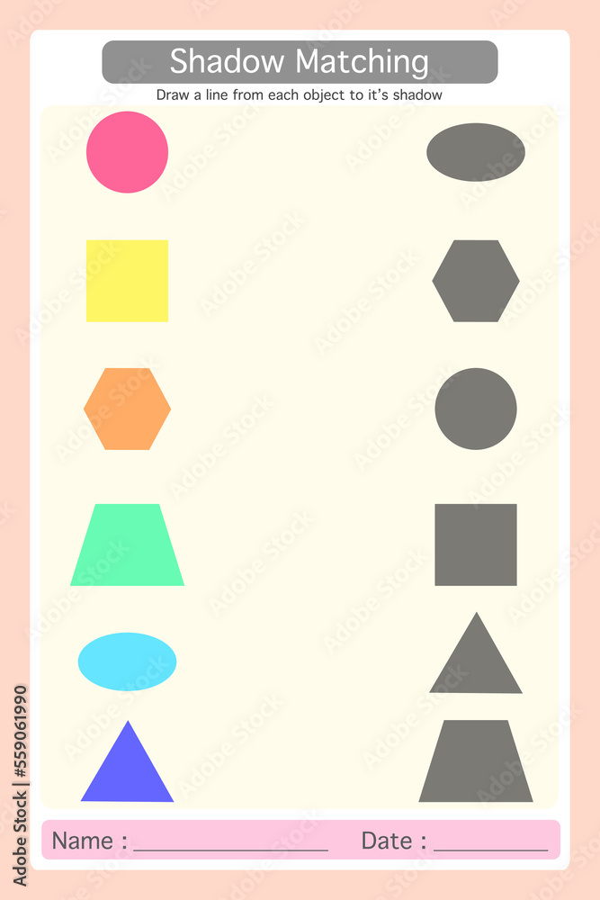 Worksheet 2D Colorful Geometric shapes. draw lines to match the shadows ...