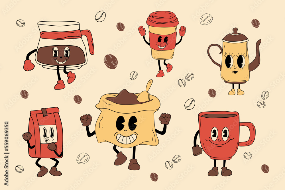 Retro set coffee 30s cartoon mascot character -. 40s, 50s, 60s old ...