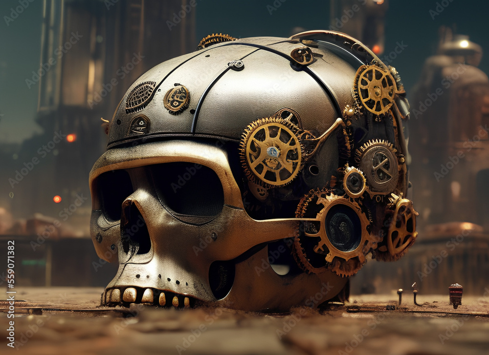 Generative AI illustration of a fantasy skull wearing a gold metal ...
