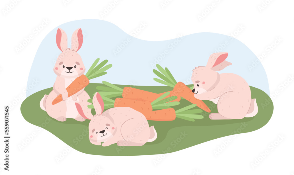 Cute bunnies eating carrot on the grass, cartoon flat vector ...